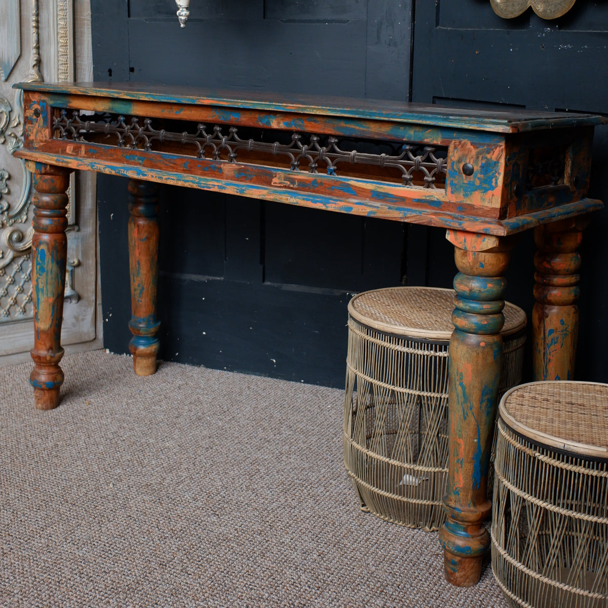 Hardwood Jali Indian Teal Blue Rustic CONSOLE Table Hall Sideboard Uni ...